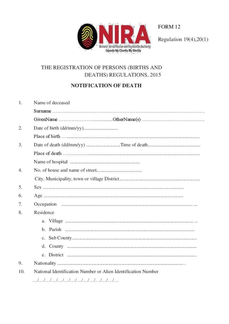 NIRA Death Certificate Form 12 Download | Thekonsulthub.com
