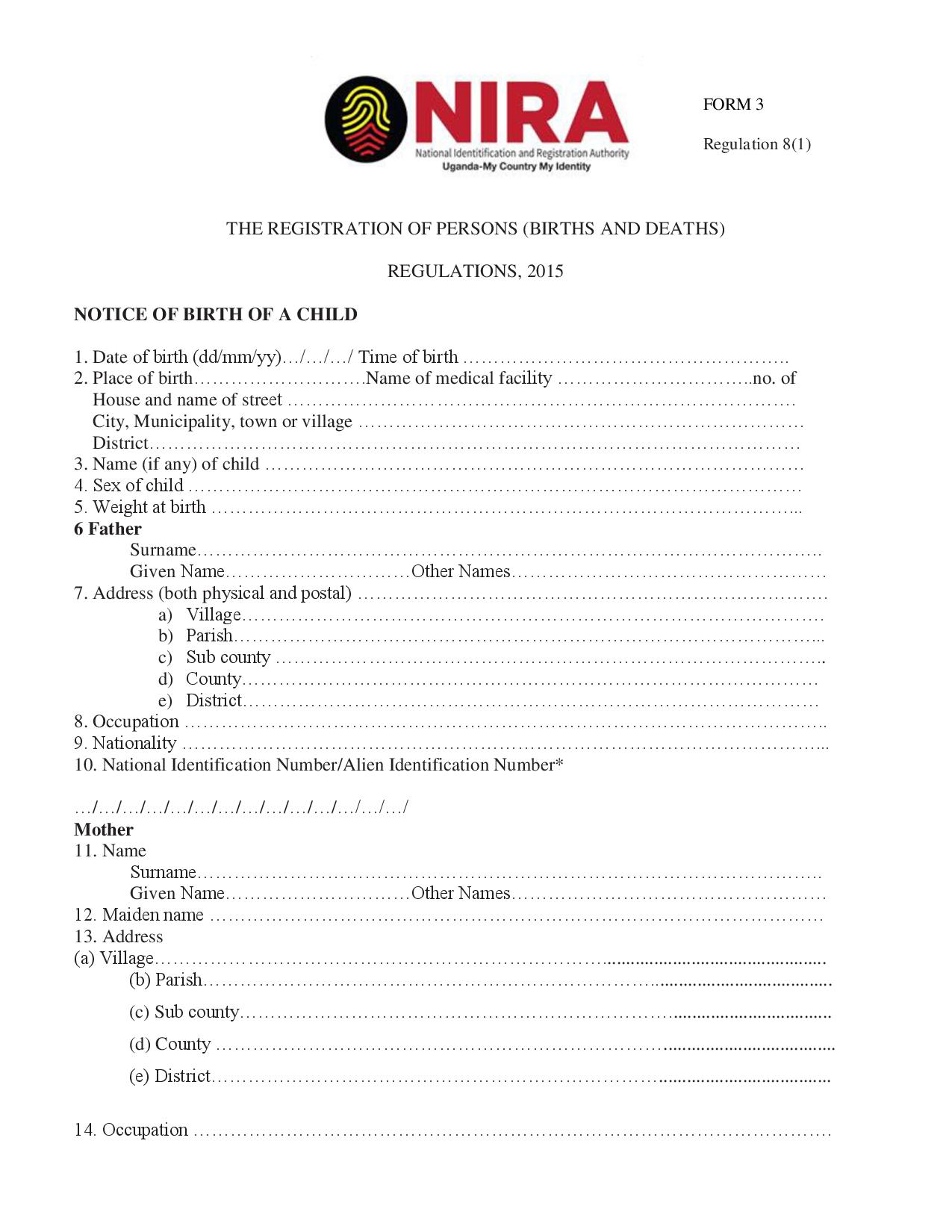 NIRA Birth Certificate Registration Form 3 Download | Thekonsulthub.com